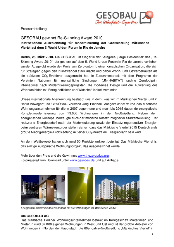GESOBAU gewinnt Re-Skinning Award 2010 | GESOBAU